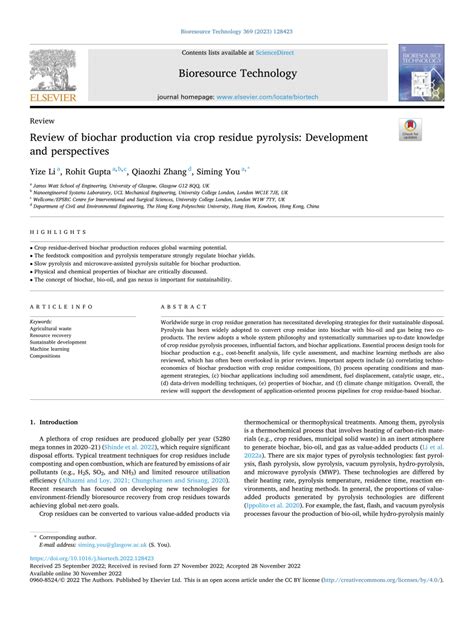Pdf Review Of Biochar Production Via Crop Residue Pyrolysis Development And Perspectives