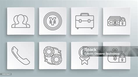 회선 전화 송수화기 엔 기호가 있는 동전 화폐 워크플로 프로세스 개념으로 기어 화살표 선에 대한 보상 닫힌 지갑 잠금 장치 서류 가방 돈 및 사용자 그룹 아이콘을 설정합니다