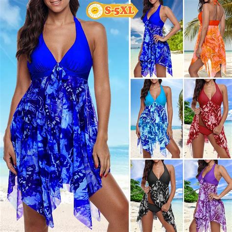 Women Sexy Floral Print Asymmetric Hem Swimdress Summer Sexy Tankini