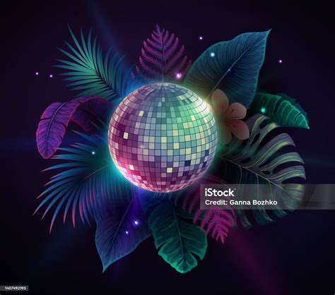 형광 열대 잎을 가진 디스코 볼 그림 자연 개념 여름 파티 포스터 벡터 일러스트 레이 션 나이트클럽에 대한 스톡 벡터 아트 및 기타 이미지 Istock