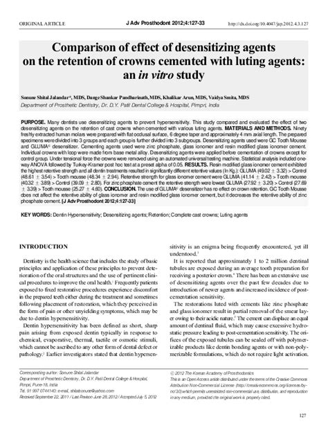 Pdf Comparison Of Effect Of Desensitizing Agents On The Retention Of Crowns Cemented With