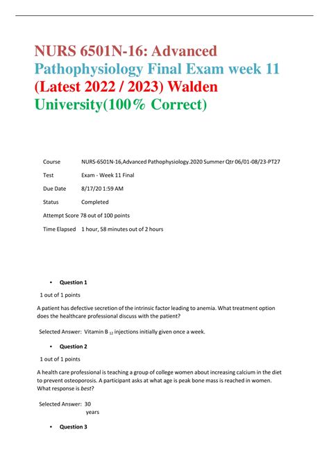 Nurs 6501n 16 Advanced Pathophysiology Final Exam Week 11 Latest 2022 2023 Walden