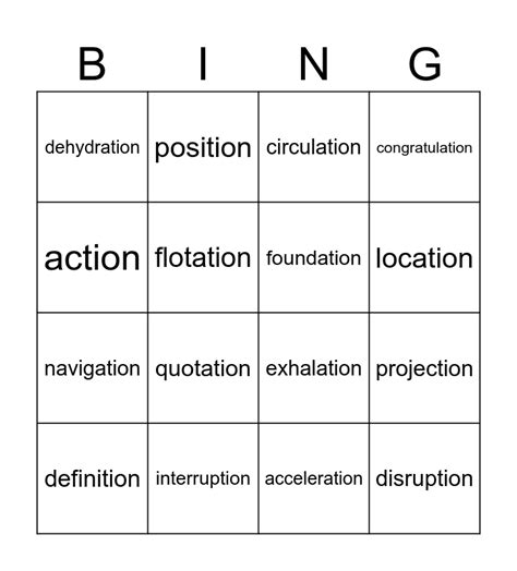 Suffix Ion Tion Bingo Card