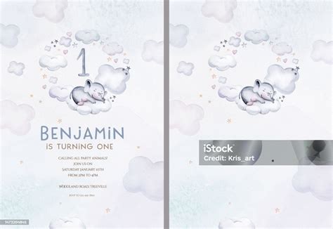 수채화는 달과 구름 위에서 자고 있는 귀여운 아기 코끼리의 그림을 손으로 그렸습니다 베이비 샤워 테마 초대장 생일 템플릿 0명에 대한 스톡 벡터 아트 및 기타 이미지