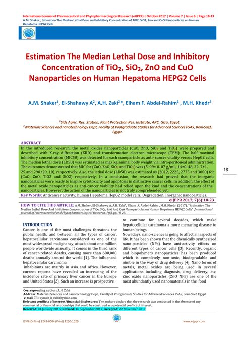 Estimation The Median Lethal Dose And Inhibitory Concentration Of Tio2