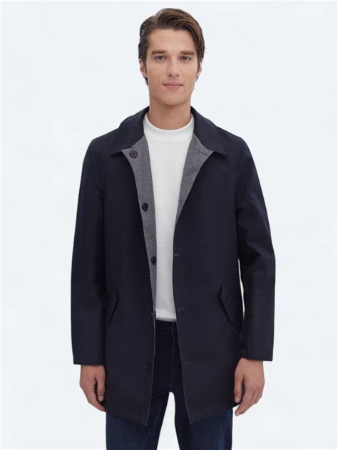 Navy Blue Regular Fit Turtleneck Casual Weaving Rain Coat