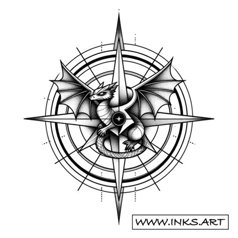 Tattoo Design Geometric Compass With Tiny Dragon Style Geometric