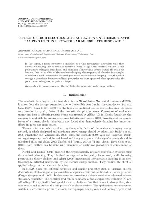 Pdf Effect Of High Electrostatic Actuation On Thermoelastic Damping