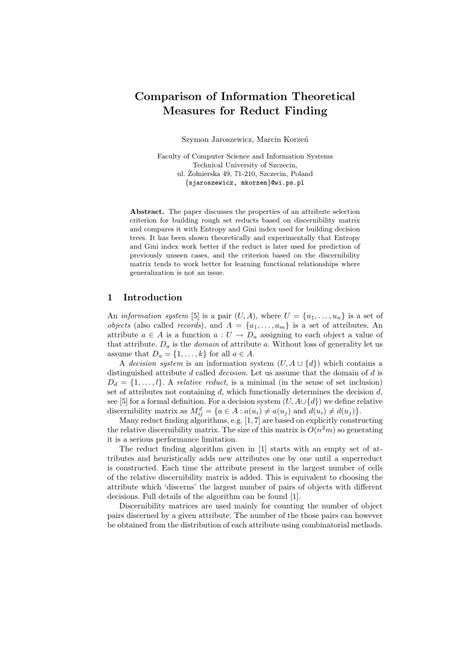 Pdf Comparison Of Information Theoretical Measures For Reduct Finding