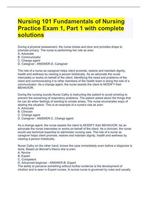 nursing 101 fundamentals of nursing practice exam 1 part 1 with