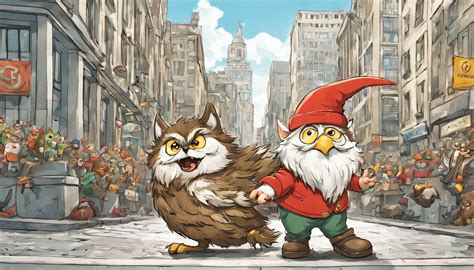 Cartoon Illustration Of Two Owls Dressed As Gnomes Walking Down A Street Seaart Ai