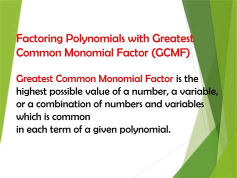 factoring polynomial with common monomial factor pptx computing