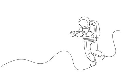 Single Continuous Line Drawing Of Floating Science Astronaut In Spacewalk Reading Space Map