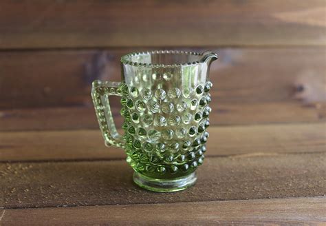 Green Hobnail Mini Glass Pitcher Footed Creamer With Handle Haute Juice