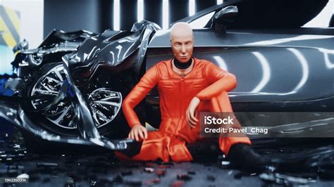 파괴 된 자동차 충돌 테스트 근처에 앉아 로봇 충돌 테스트 더미 미래의 개념 3d 렌더링 자동차 충돌 실험용 인형에 대한 스톡 사진 및 기타 이미지 Istock