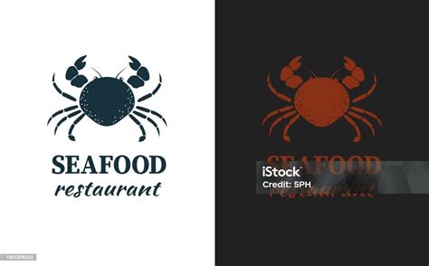 생선 과 바다 음식 점 레스토랑 시장 카페 그릴 바 낚시 광고를위한 해산물 로고 타입 벡터 게 실호에테 엠블럼 벡터 흑백