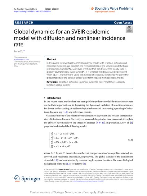 Pdf Global Dynamics For An Sveir Epidemic Model With Diffusion And Nonlinear Incidence Rate
