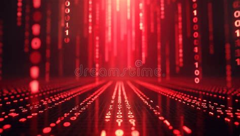 Red Glowing Binary Code Streams Down Futuristic Dark Space Digital Data Flows In Dynamic