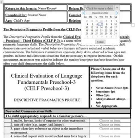 Drop Down List Scoring Form Celf Preschool 3 Descriptive Pragmatics