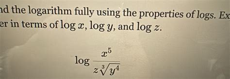 solved nd the logarithm fully using the properties of logs ex er in