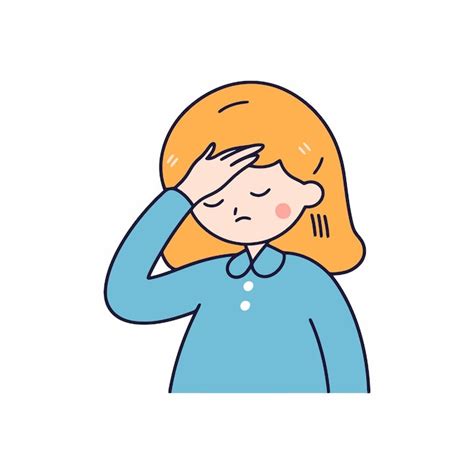 만화 스타일의 두통 벡터 일러스트 레이 션으로 고통받는 여자 편두통을 가진 소녀 프리미엄 벡터