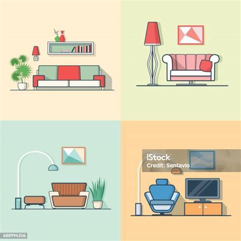 콘도 숙박 시설 거실 아늑한 현대 Minimalism 최소한의 인테리어 실내 설정합니다 선형 색 스트로크 윤곽선 평면 스타일 벡터 아이콘입니다 컬러 아이콘 컬렉션입니다 0