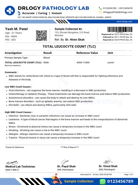 Total Leucocyte Count Tlc Test Report Format Example Sample Template