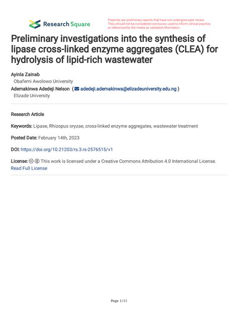 Pdf Preliminary Investigations Into The Synthesis Of Lipase Cross