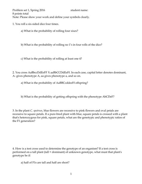 Genetics Probability Problem Set College Level