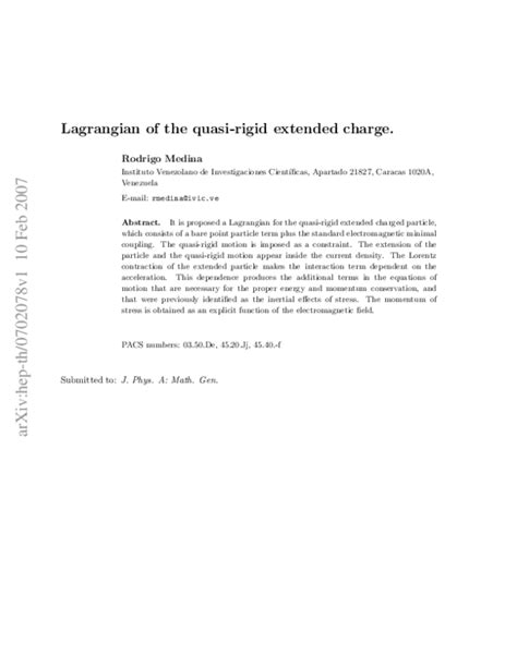 Pdf A Lagrangian Of The Quasi Rigid Extended Charge