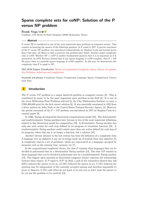 Pdf Sparse Complete Sets For Conp Solution Of The P Versus Np Problem