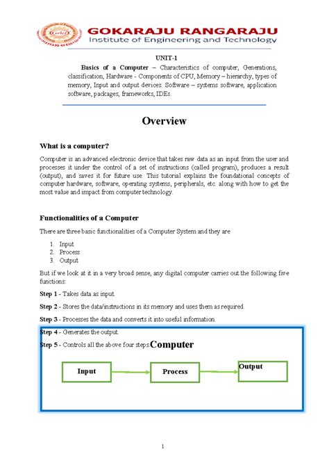 Unit 1 Notes None Computer Input Process Output Unit Basics Of A Computer Characteristics