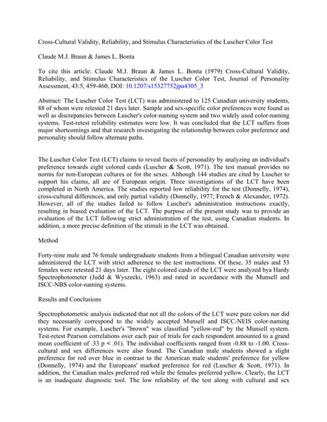 Pdf Cross Cultural Validity Reliability And Stimulus Characteristics Of The Luscher Color Test