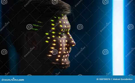 Handsome Young Caucasian Man Is Identified By Biometric Facial Recognition Scanning Process
