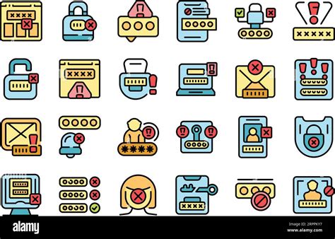 Wrong Password Icons Set Outline Vector Shield Security Work Data Thin Line Color Flat On