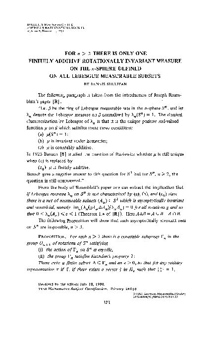Pdf For N 3 There Is Only One Finitely Additive Rotationally