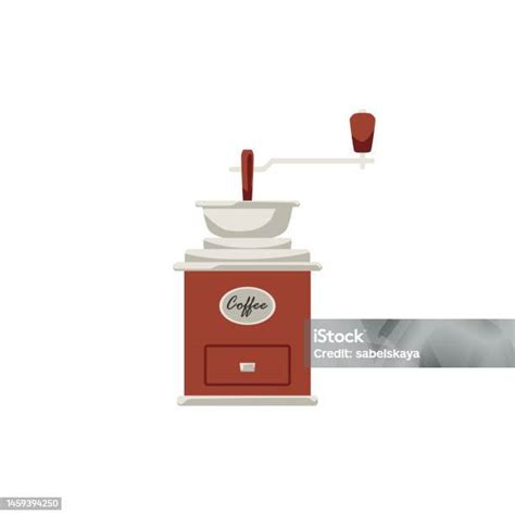 수동 빈티지 커피 그라인더 흰색 배경에 격리된 평면 벡터 그림 전통적인 양조 커피를 만들기위한 복고풍 장비 오래된 버 그라인더 또는 밀 커피 분쇄기에 대한 스톡 벡터 아트