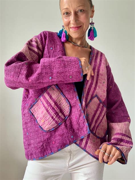 Kantha Jacket Lightweight Vintage Coat Reversible Colorful Boho Style