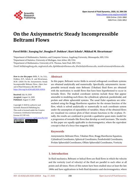 Pdf On The Axisymmetric Steady Incompressible Beltrami Flows