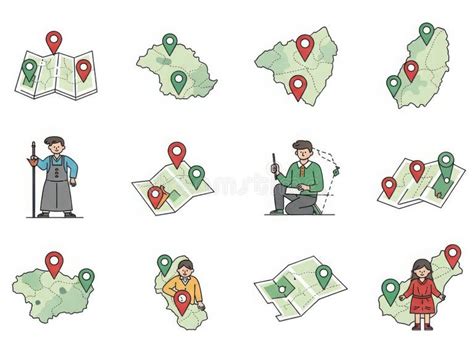 Cartoon Characters Using Maps And Location Pins For Navigation Isolated