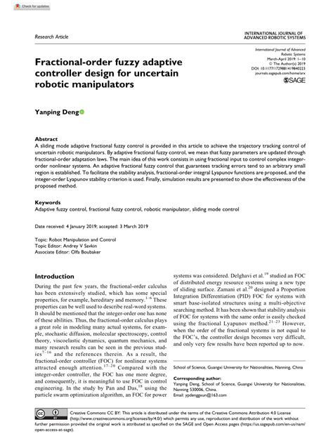 Pdf Fractional Order Fuzzy Adaptive Controller Design For Uncertain