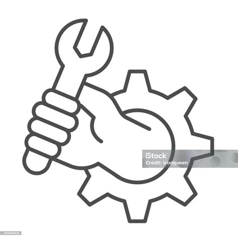 손에 렌치가 있는 기어 얇은 선 아이콘 수리 서비스 개념 벡터 그래픽입니다 흰색 배경에 톱니바퀴 기호에 렌치를 가진 인간의 손 모바일 또는 웹 디자인에 대한 개요 스타일