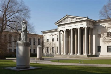 Classicist Building With Columns And Sculptures Viewed From A Distance