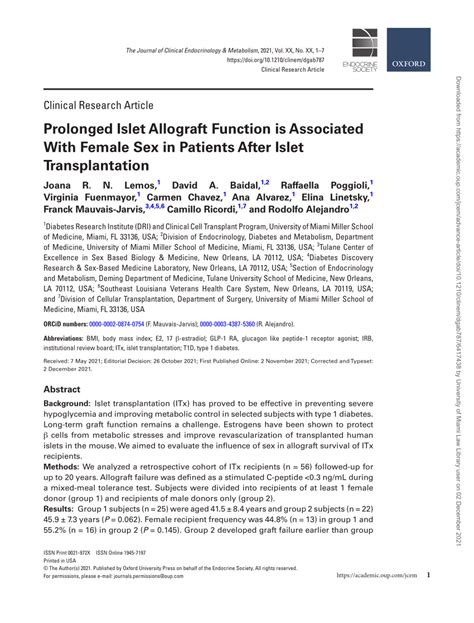 Pdf Prolonged Islet Allograft Function Is Associated With Female Sex