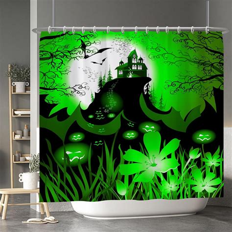 Green Halloween Shower Curtain Evil Pumpkin Spooky Bats Forest Full
