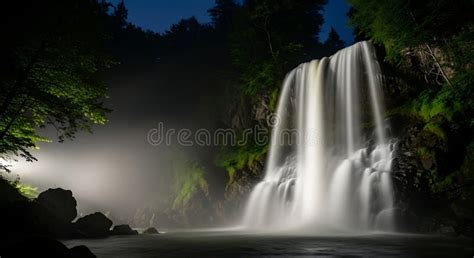 A Serene Waterfall Cascades Down Mosscovered Rocks At Dusk Illuminated