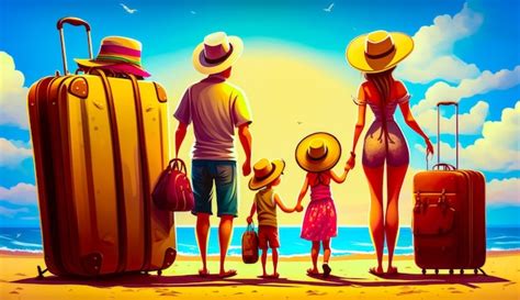 Famille De Trois Personnes Debout Sur La Plage Avec Leurs Valises Et Bagages Generative Ai