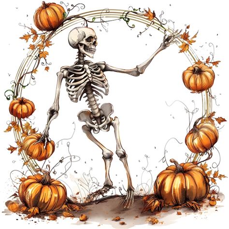 Lively Dancing Skeleton With Pumpkins In Halloween Premium Ai Generated Image