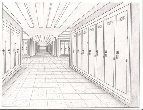 1 Point Perspective Drawing Tutorial Long Hallway With Lockers