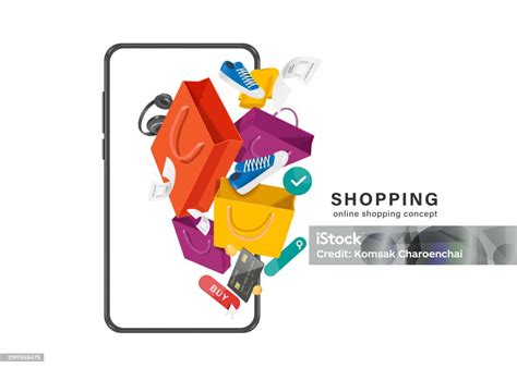 밝은 색상의 쇼핑백 영수증 및 다양한 상품이 고객이 온라인 주문을 확인하고 신용 카드로 결제한 후 스마트폰 화면 앞에 공중에 떠 있습니다 벡터 3d 쇼핑백에 대한 스톡 벡터